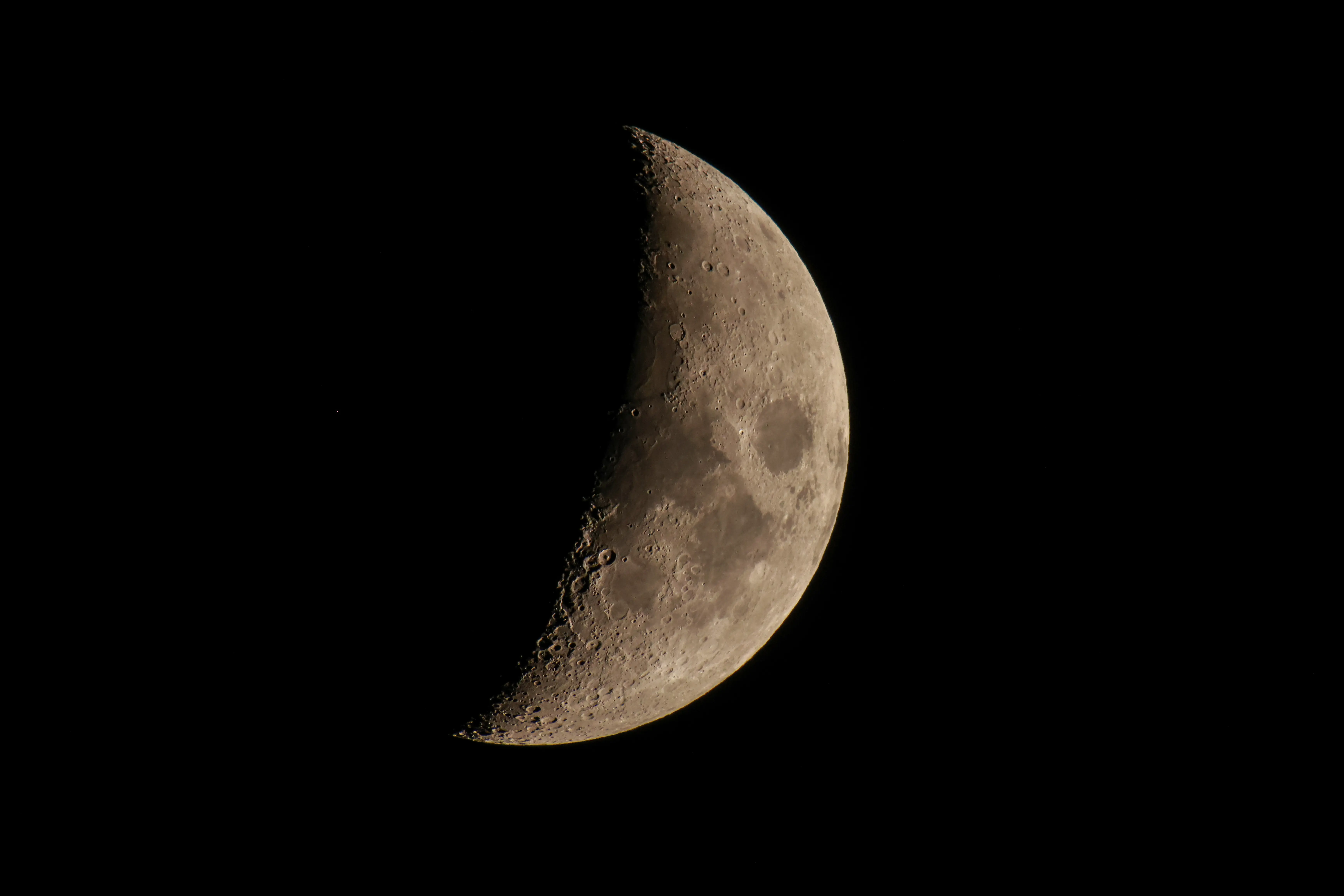 February winter sky features a half-lit moon and bright nearby stars ...