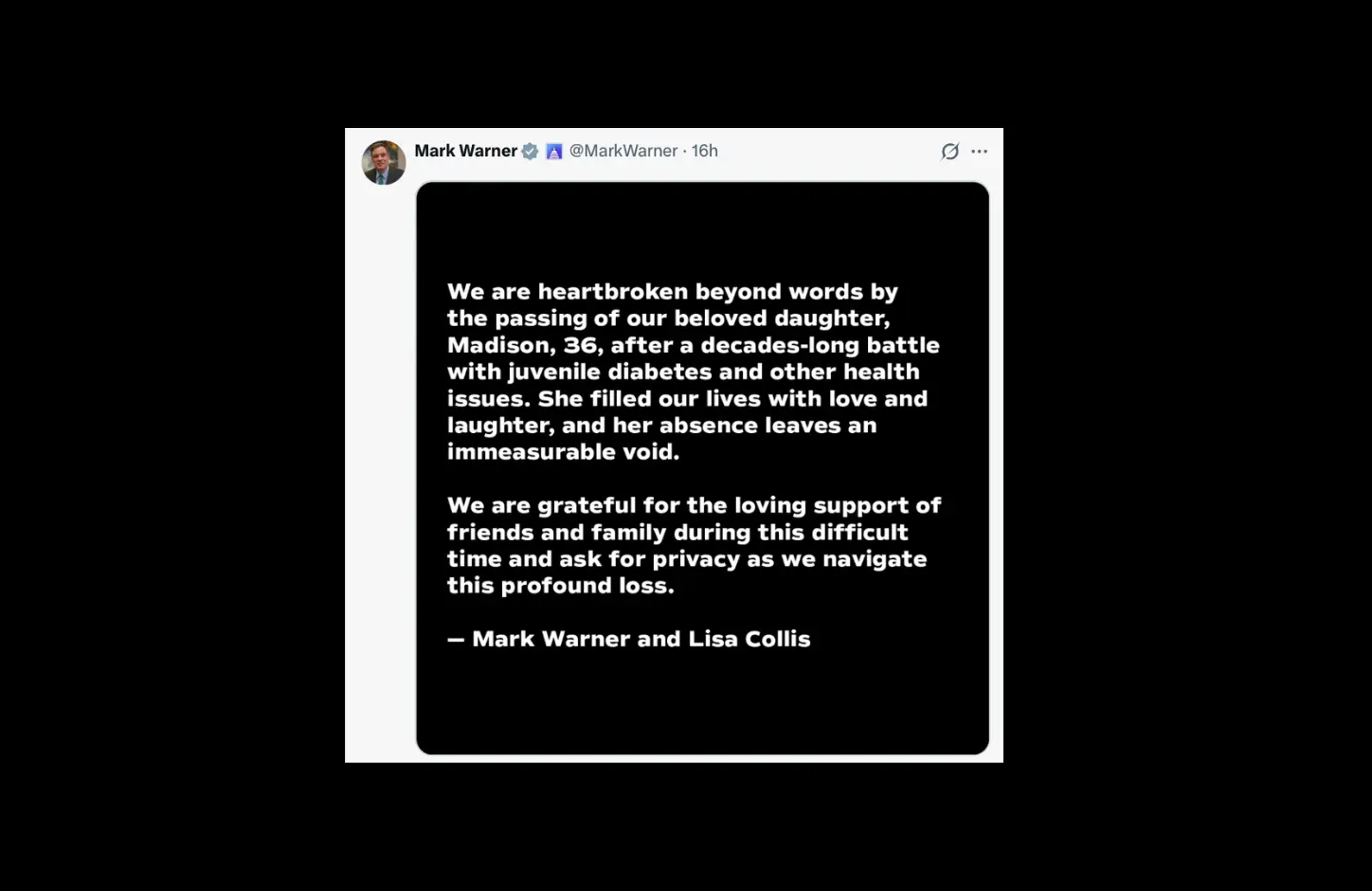 Who was Madison Warner? Sen. Mark Warner’s daughter die at 36 after ...