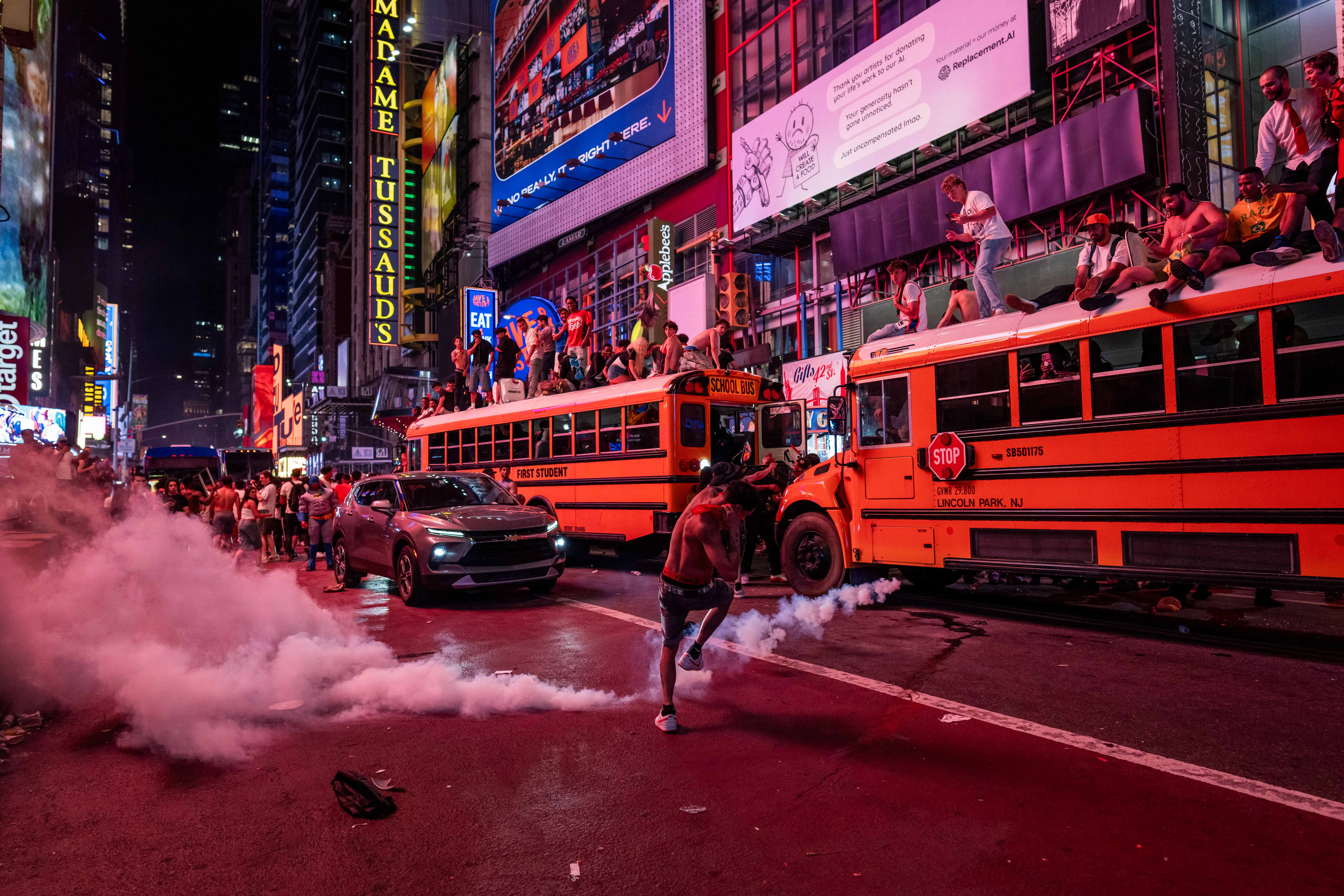 Was a school bus set on fire in Times Square over Knicks win? Nick ...